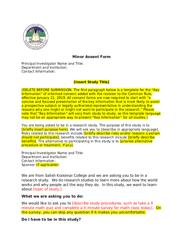 Minor Assent Word Doc - SKC-IRB Doc Template | pdfFiller