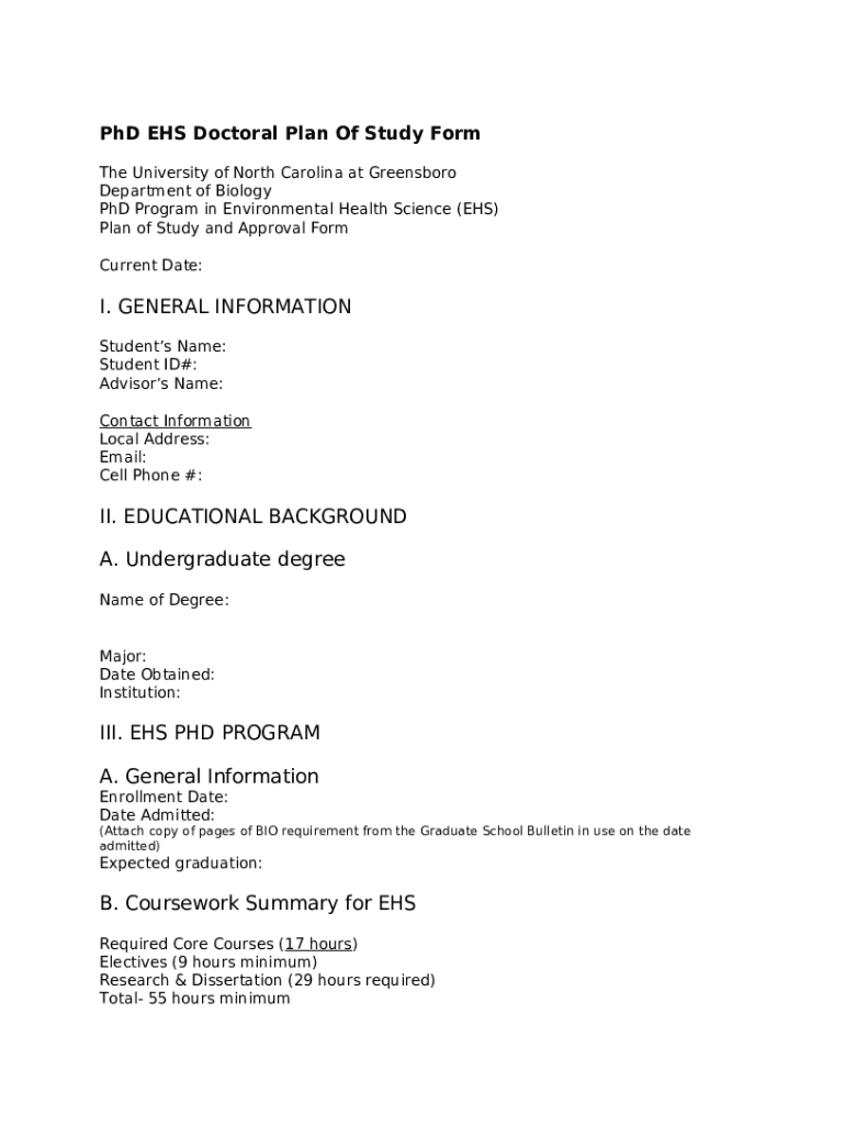 PhD EHS Doctoral Plan Of Study - biology uncg Doc Template | pdfFiller