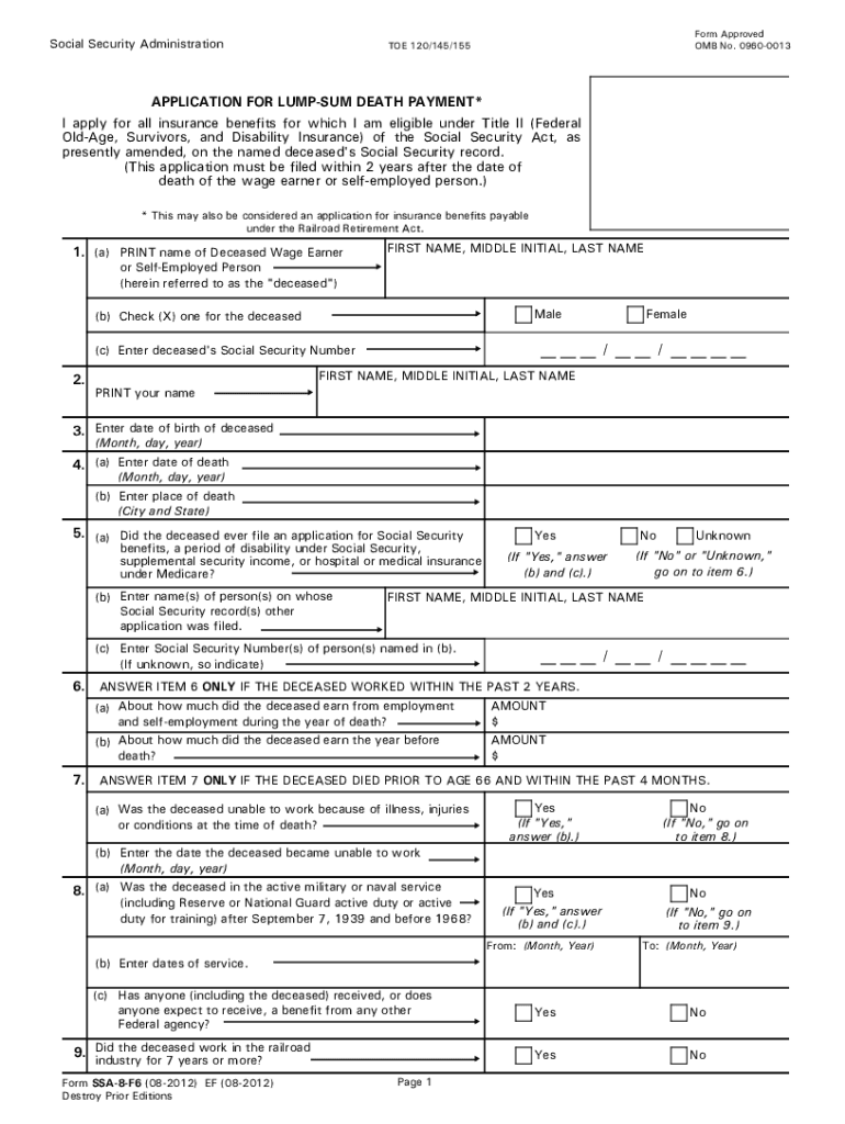 Fillable Online cybercemetery unt Form SSA-8 Application For Lump-Sum Death Payment Fax Email ...