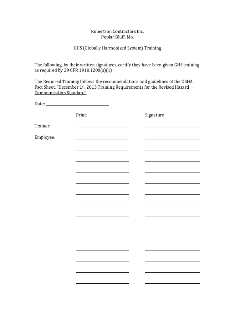 Fillable Online GHS Training Signature Sheet Fax Email Print - pdfFiller