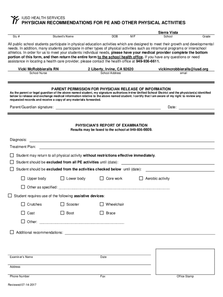 Fillable Online physician's report of examination - University High ...