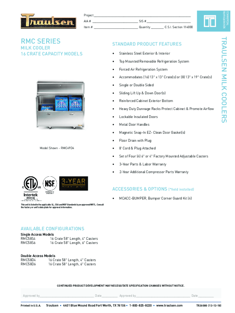 Fillable Online RMC SERIES TRAULSEN MILK COOLERS - cloudfront.net Fax ...