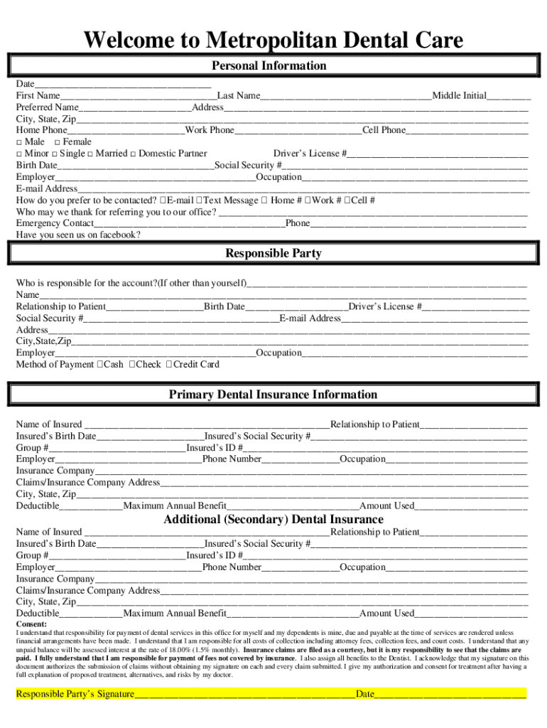 Fillable Online Metropolitan Dental Care: Dentist in Midtown NYCManhattan Fax Email Print ...