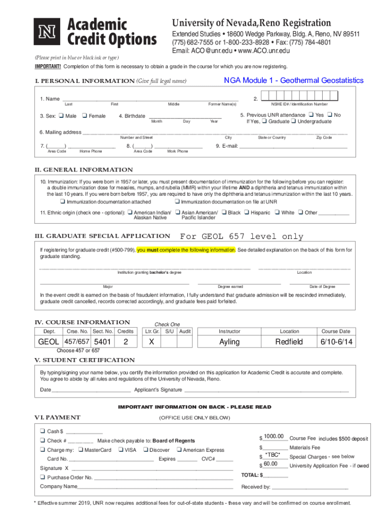 Fillable Online UNR's Extended Studies - University of Nevada, Reno Fax ...