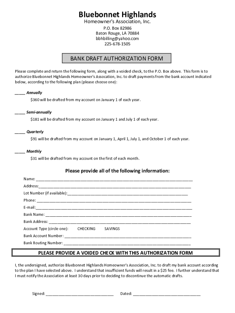 Fillable Online the "Bank Draft Authorization" form. Fax Email Print - pdfFiller