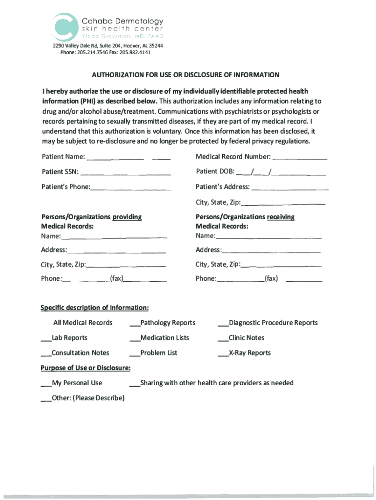 Fillable Online Authorization to Disclose Protected Health ... - Hoover Ent Fax Email Print ...