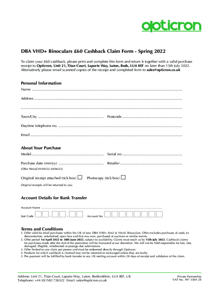 Fillable Online DBA VHD+ Binoculars 60 Cashback Claim Form Fax Email ...