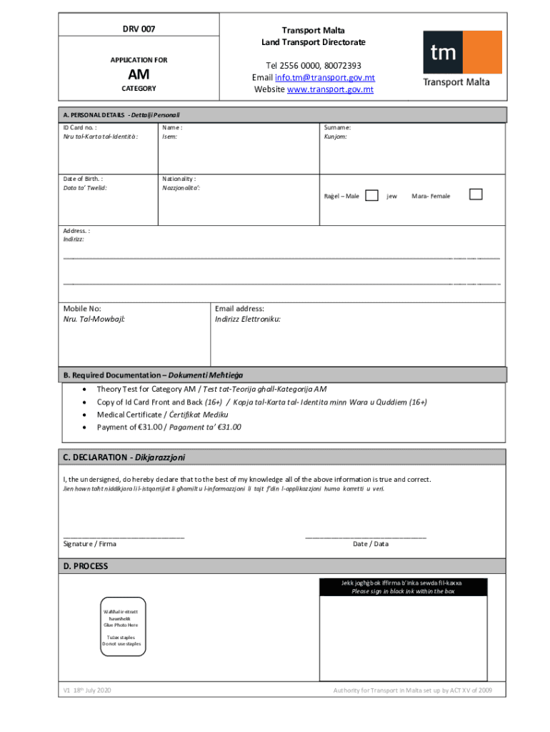 Fillable Online VEH 006 APPLICATION FORM USED TO : Transport Malta ...