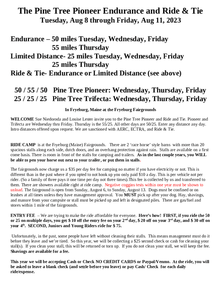 The Pine Tree Pioneer Endurance and Ride & Tie Doc Template | pdfFiller
