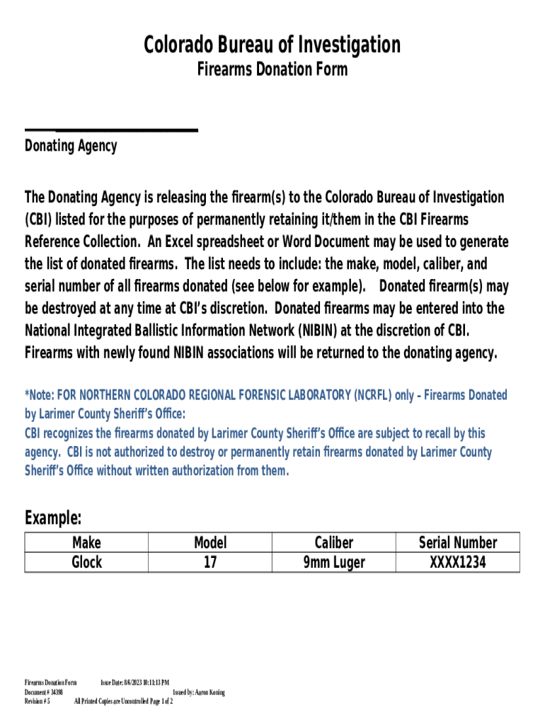 Colorado Bureau of Investigation Firearms Donation Doc Template | pdfFiller
