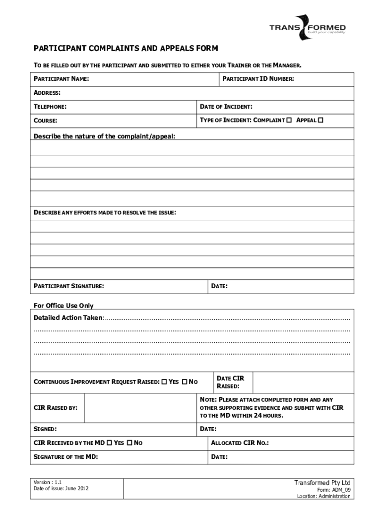 Fillable Online PARTICIPANT COMPLAINTS AND APPEALS FORM Transformed Fax Email Print - pdfFiller