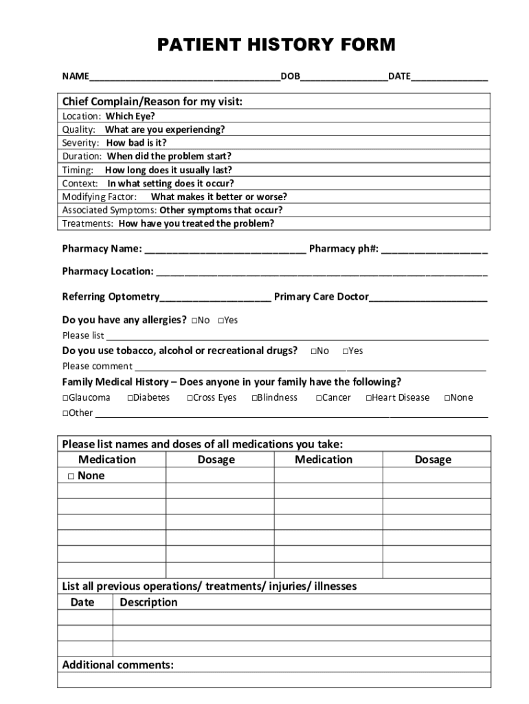 Fillable Online What is your chief complaint (main problem you have ...