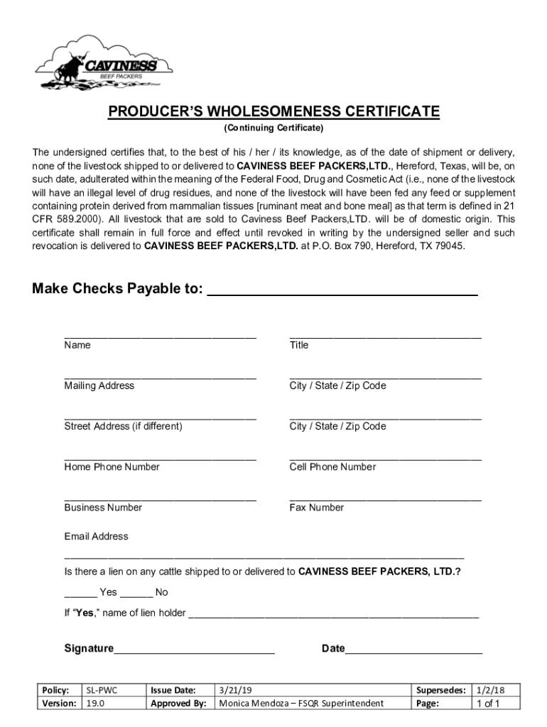 Fillable Online SL-Producers-Wholesomeness-Certificate.docx Fax Email Print - pdfFiller