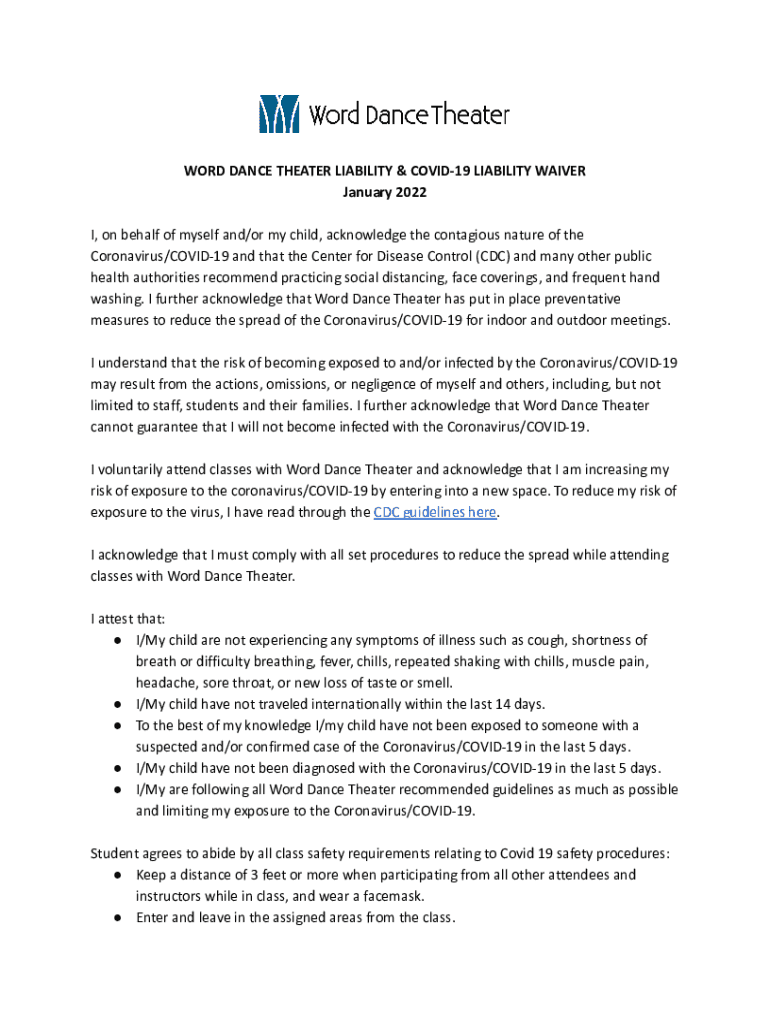 Fillable Online word dance theater liability & covid-19 liability ...