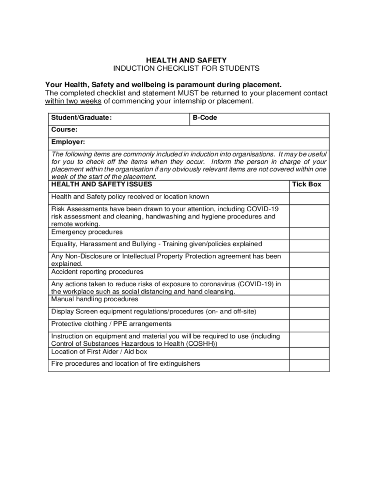 Fillable Online Health and Safety Induction Checklist for Students Fax ...