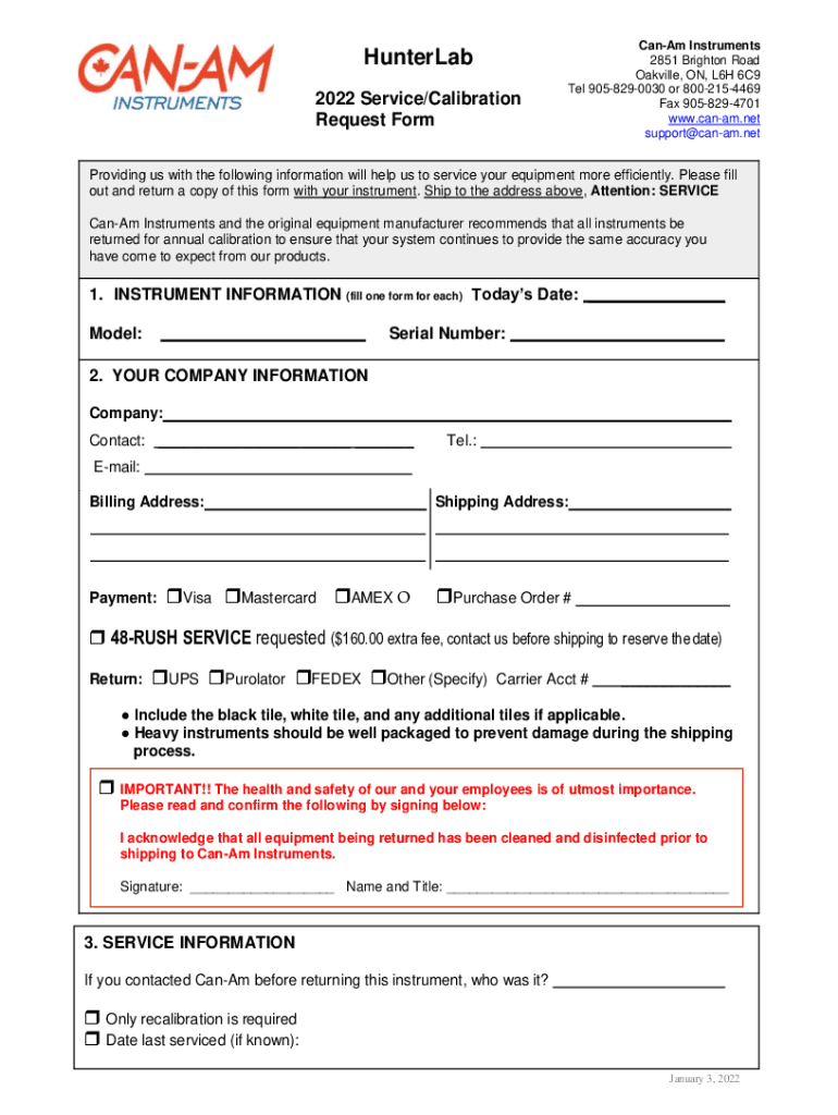 Fillable Online HunterLab 2023 Service/Calibration Request Form Fax Email Print - pdfFiller