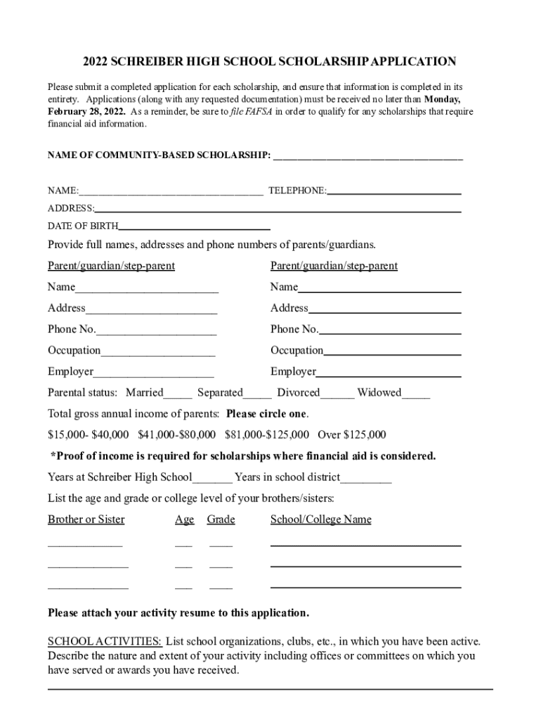 Fillable Online 2022 Schreiber High School Scholarship Application Fax ...