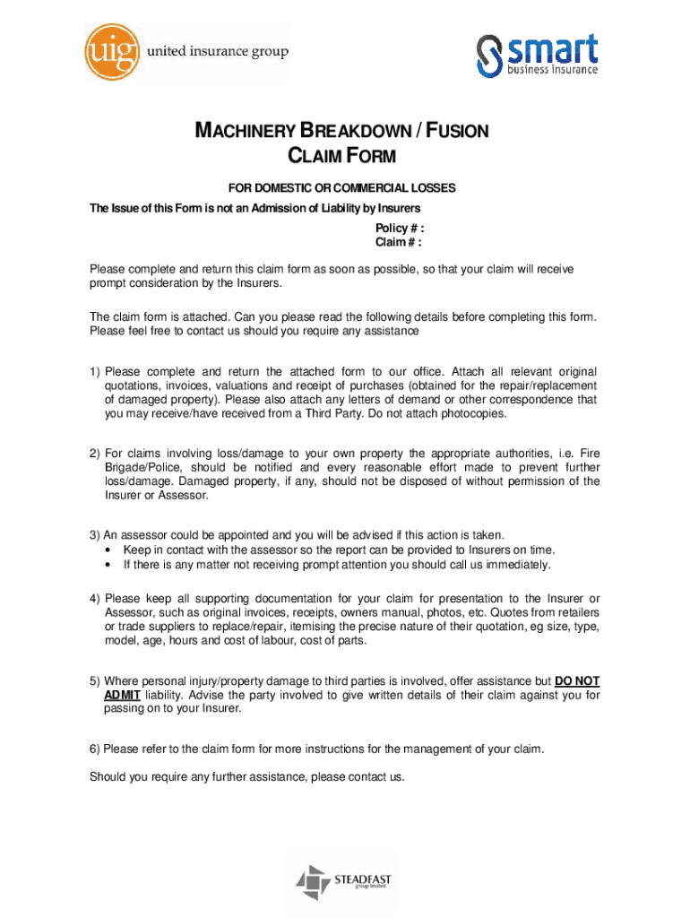 Fillable Online Machinery Breakdown/Fusion Insurance Claim Form Fax ...