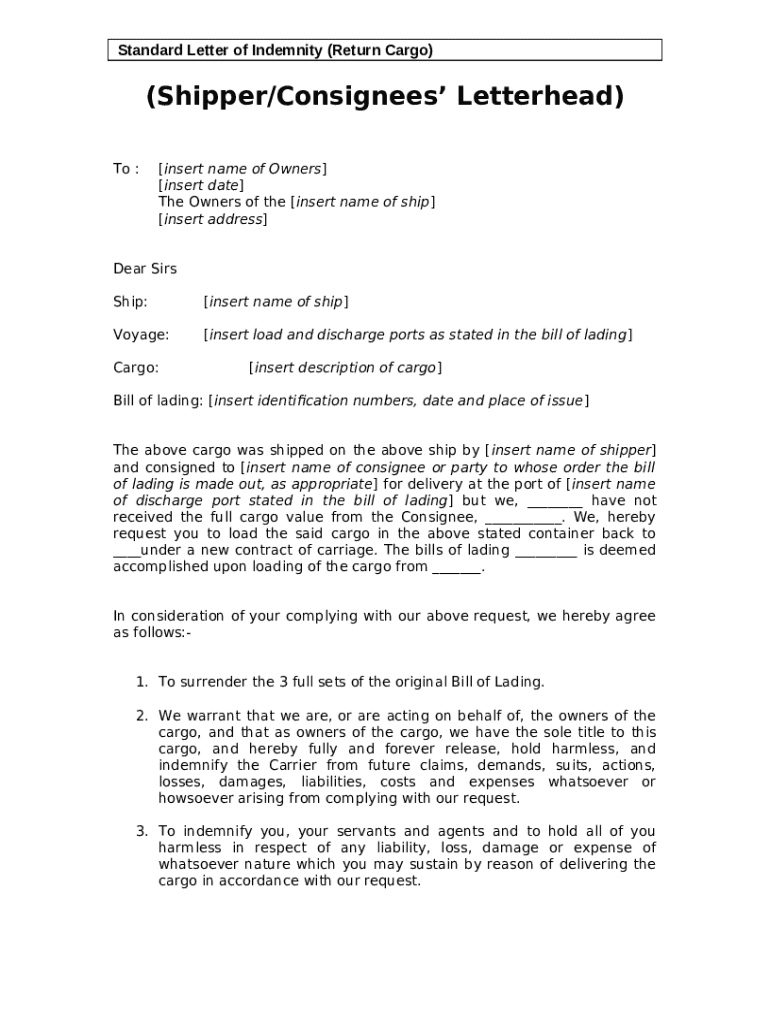 Letter of indemnity in return for delivering cargo at a port ... Doc ...