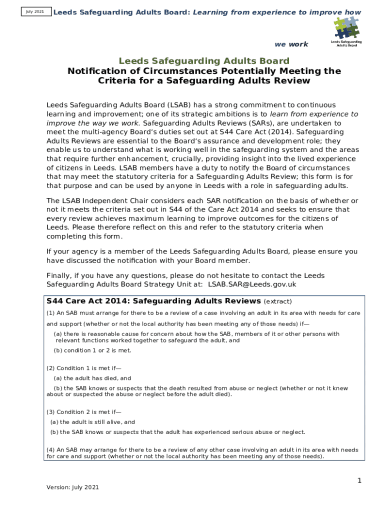 SAR Notification - leedssafeguardingadults org Doc Template | pdfFiller
