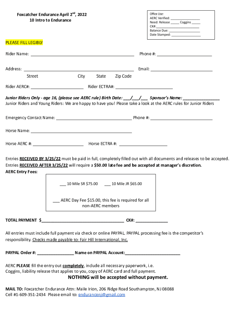 Fillable Online Mustang Memorial/Foxcatcher Endurance Rides Fax Email Print - pdfFiller