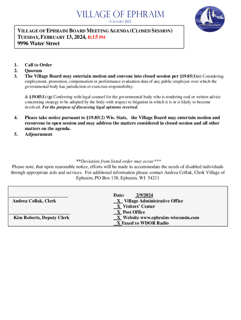 Fillable Online 7:00 PM 9996 WATER STREET- EPHRAIM VILLAGE HALL Fax ...