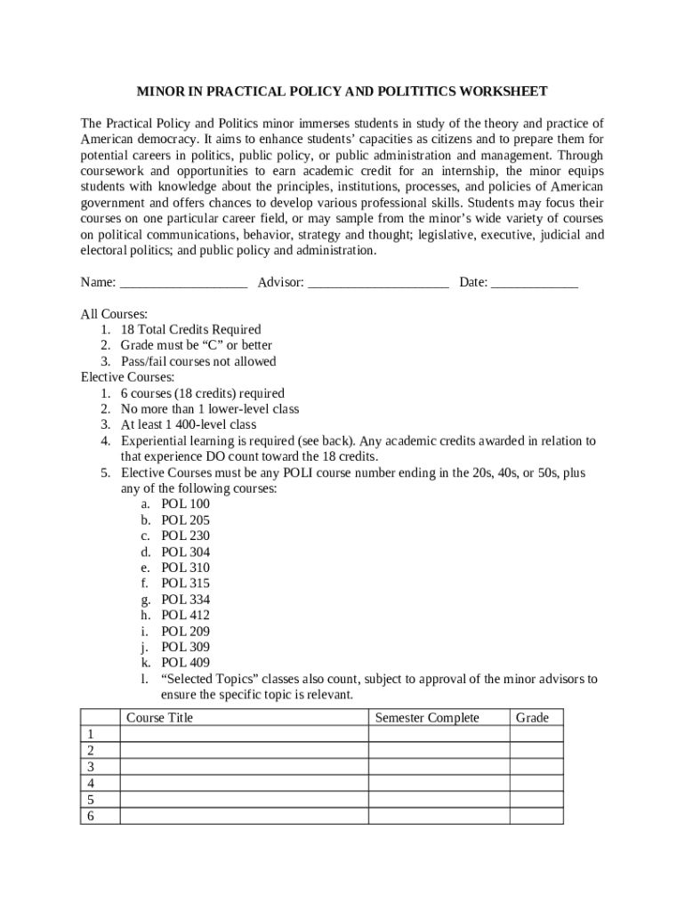 minor in practical policy and politics worksheet Doc Template | pdfFiller