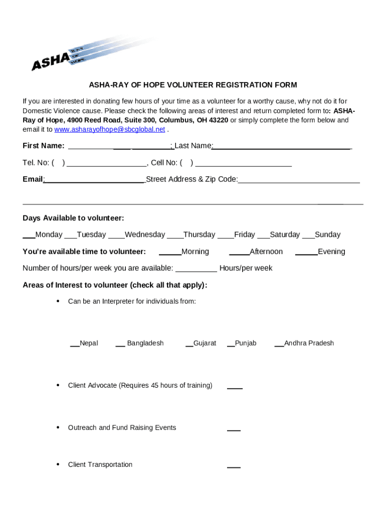 ASHA Ray of Hope Volunteer Registration Doc Template | pdfFiller