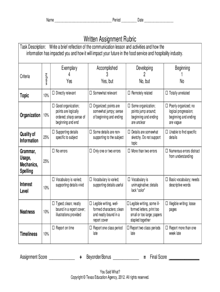 Fillable Online Written Assignment Rubric. Hospitality and Tourism Fax ...