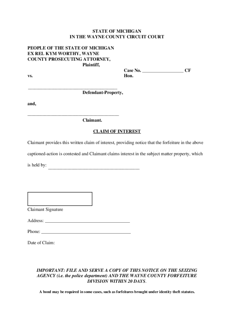 Fillable Online Claim of Interest. Wayne County Forfeiture Claim of ...