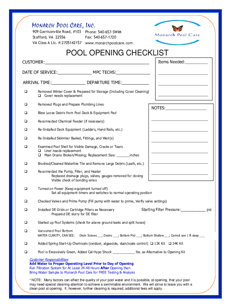 Fillable Online POOL OPENING CHECKLIST - Stafford Fax Email Print ...