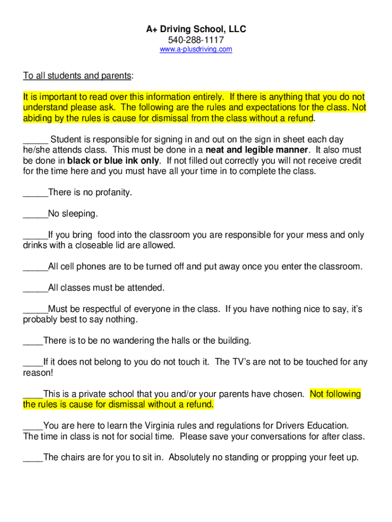 Fillable Online A+ Driving School, LLC 540-288-1117 To all students and ...