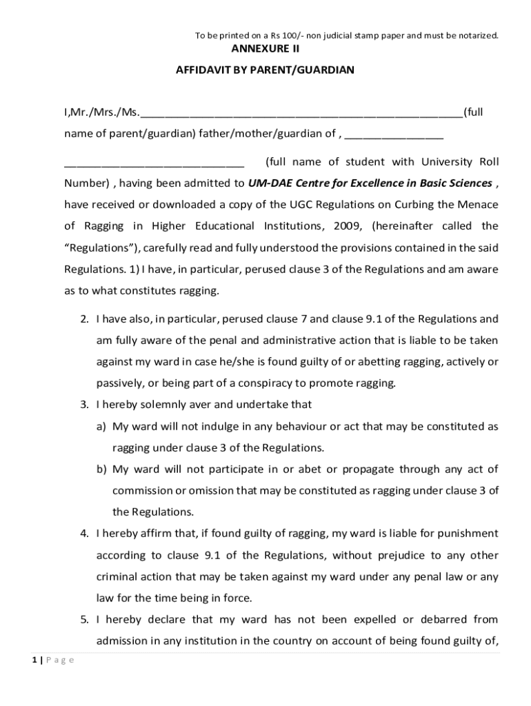Fillable Online AFFIDAVIT BY PARENTRS GUARDIAN for ANTI RAGGING Fax ...