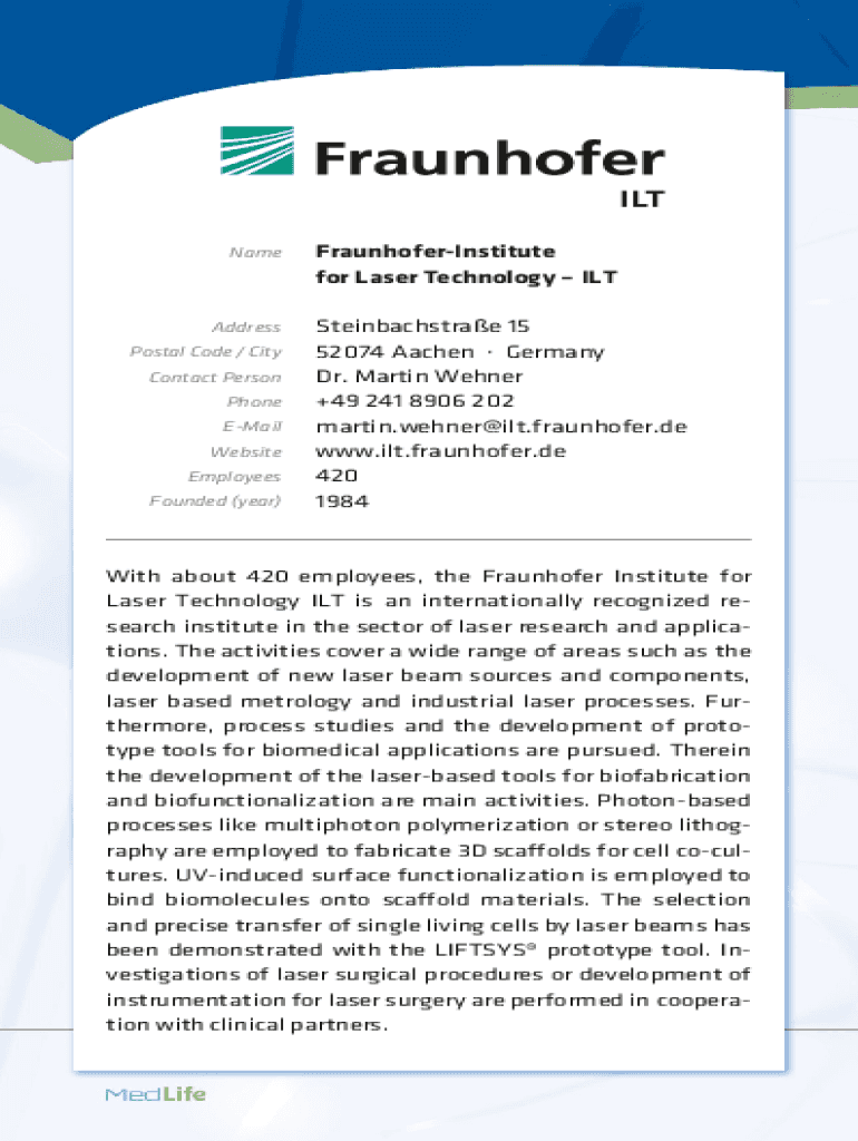 Fillable Online Fraunhofer Institute for Laser Technology ILT Fax Email ...