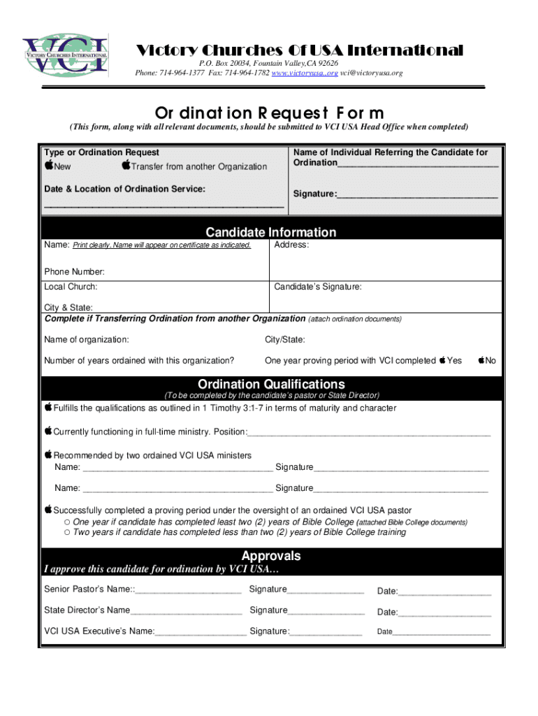 Fillable Online Victory Churches Of USA International Ordination ...