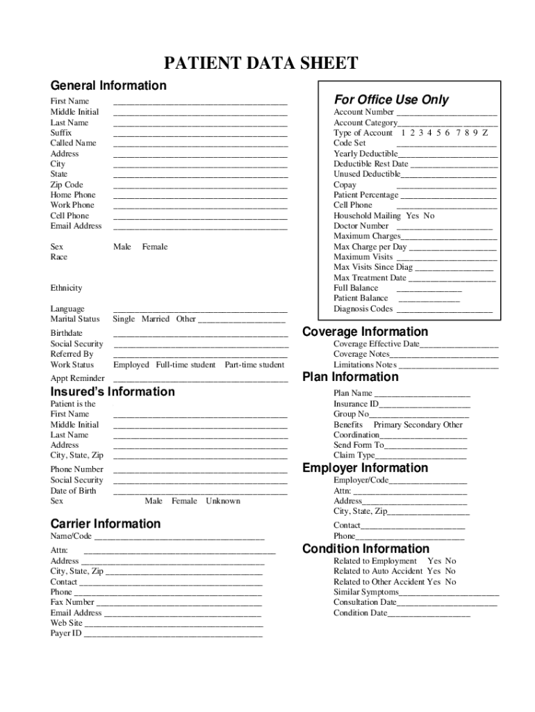 Fillable Online Patient Data Sheet - Fill and Sign Printable Template ...