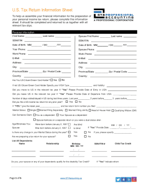Fillable Online U.S. Tax Return Information Sheet Fax Email Print ...