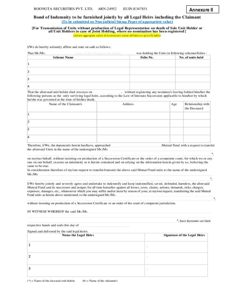 Fillable Online Bond of Indemnity to be furnished jointly by all Legal ...