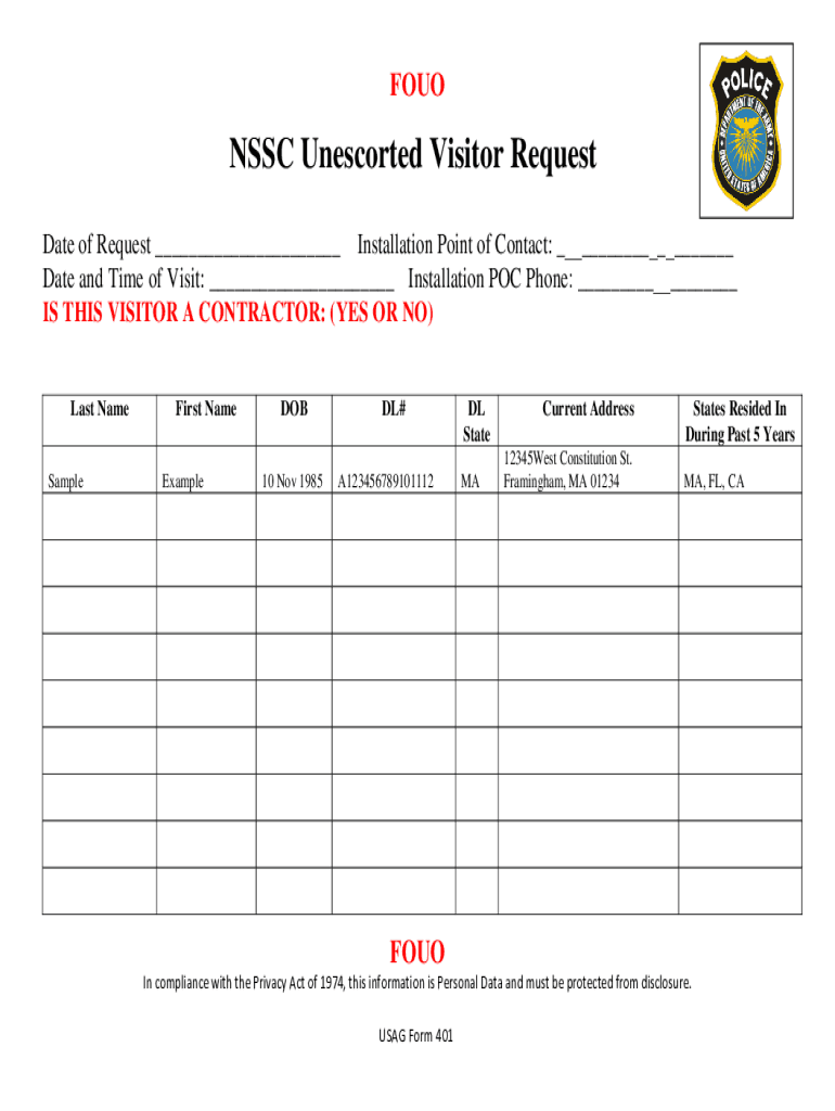 Fillable Online NSSC Unescorted Visitor Request Fax Email Print - pdfFiller