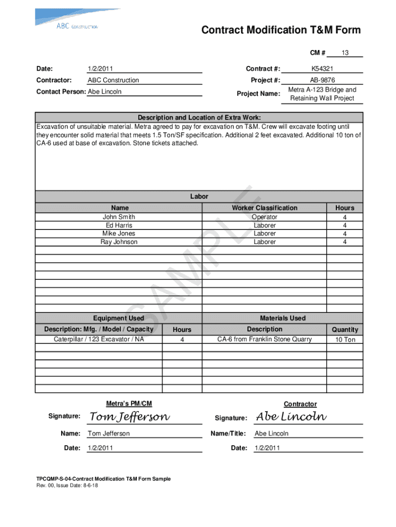 Fillable Online Tom Jefferson Abe Lincoln Contract Modification T&M ...