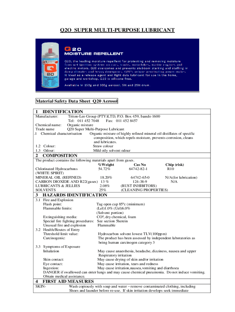 Fillable Online SAFETY DATA SHEET (SDS) Q20INSTANT LUBRICANT Fax Email ...