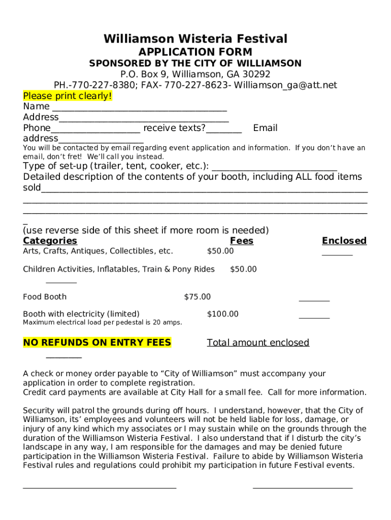 Williamson Wisteria Festival APPLICATION ... Doc Template | pdfFiller