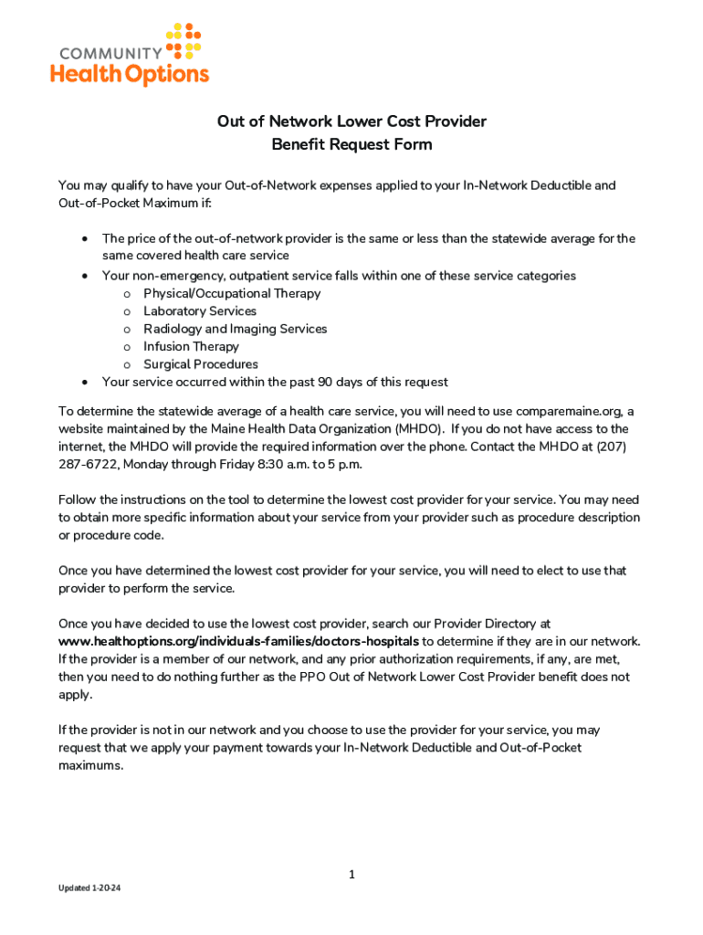 Fillable Online Out of Network Lower Cost Provider Benefit Request Form Fax Email Print - pdfFiller
