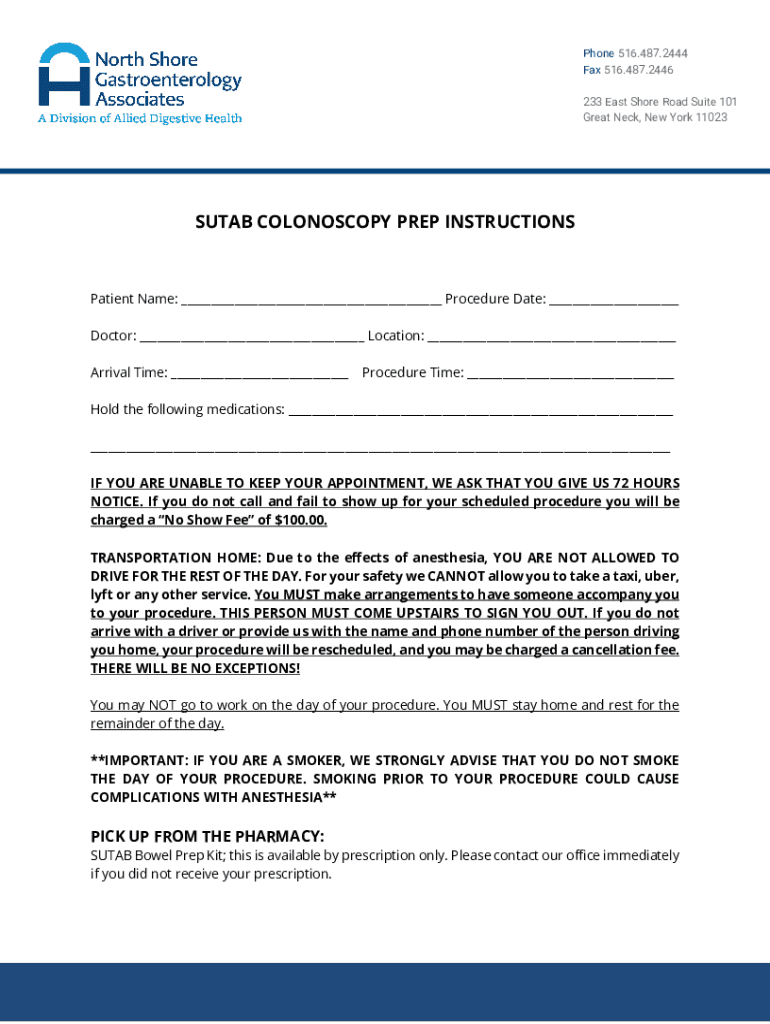 Fillable Online Getting Ready for your Colonoscopy: Sutab Prep ...