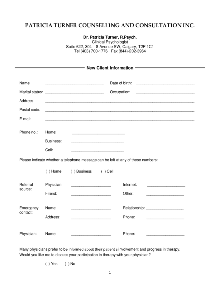 Fillable Online About Dr. Patricia Turner, Ph.D. - Calgary Psychologist ...