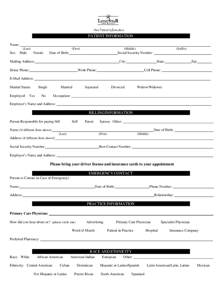 Fillable Online New Patient Information PATIENT INFORMATION BILLING ...