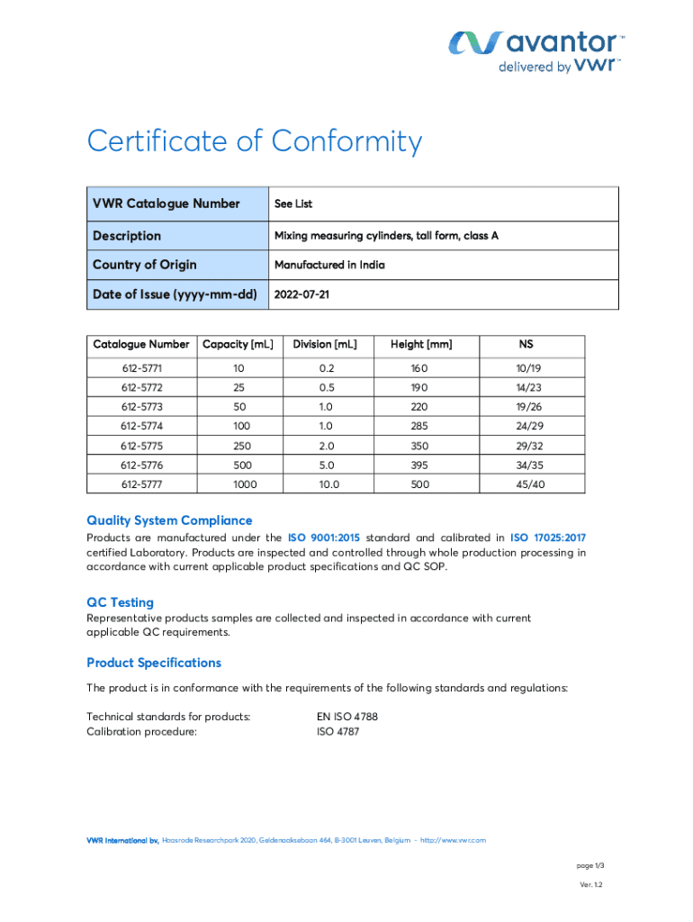Fillable Online VWR, Mixing Measuring Cylinders, Tall Form, Class A Fax ...