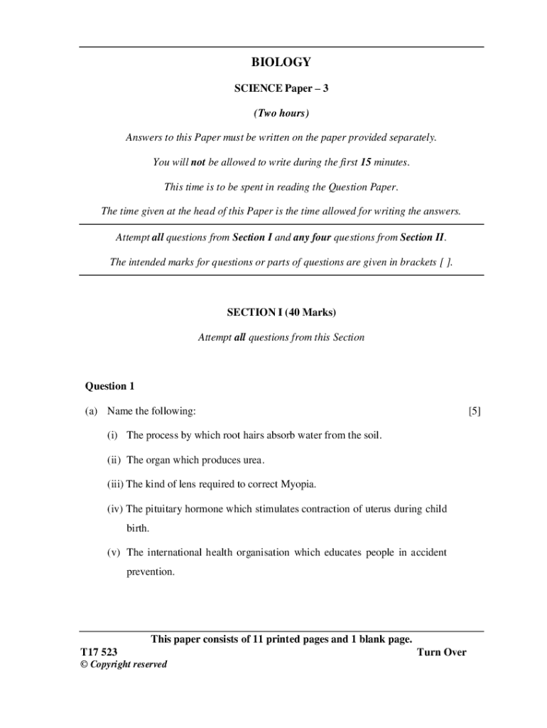 Fillable Online ICSE-Biology Sample Paper-1-Class 10 Question Paper Fax ...