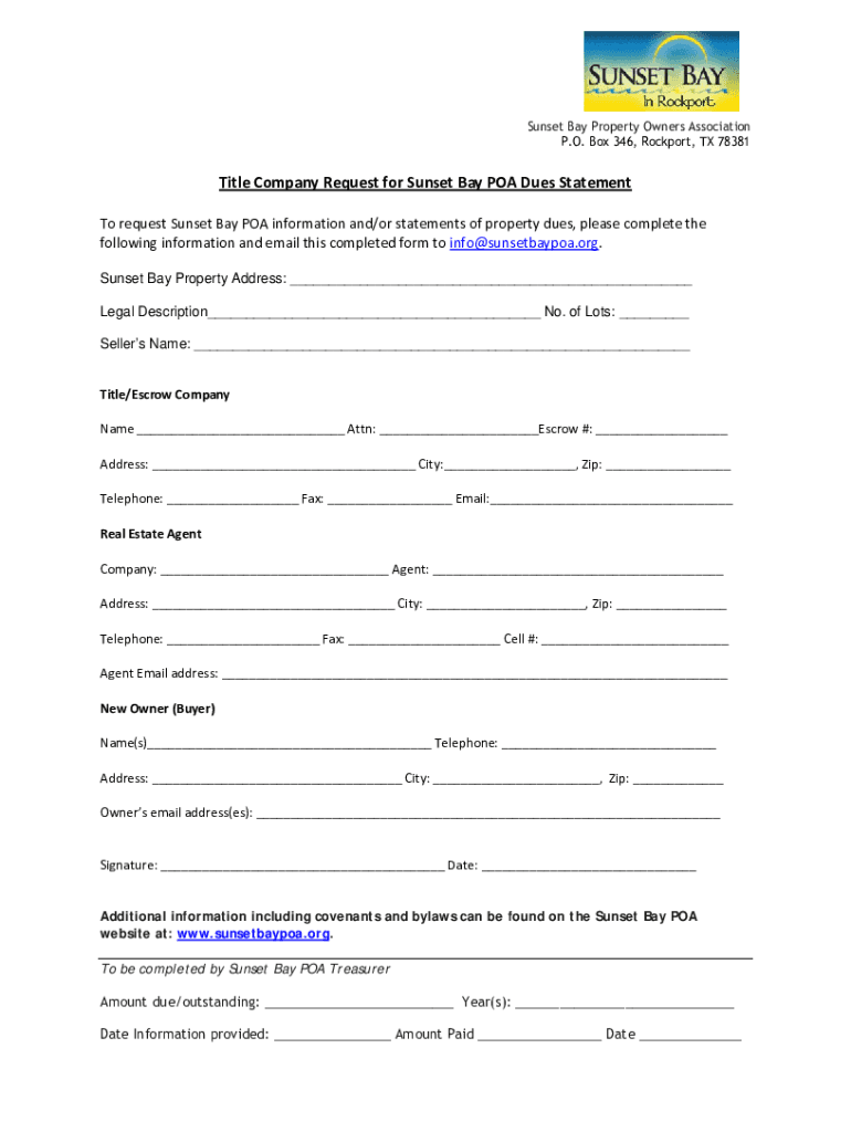 Fillable Online Title Company Request for Sunset Bay POA Dues Statement ...