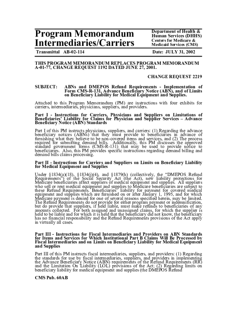 Fillable Online DHHS and CMS Program Memorandum Intermediaries ... Fax ...